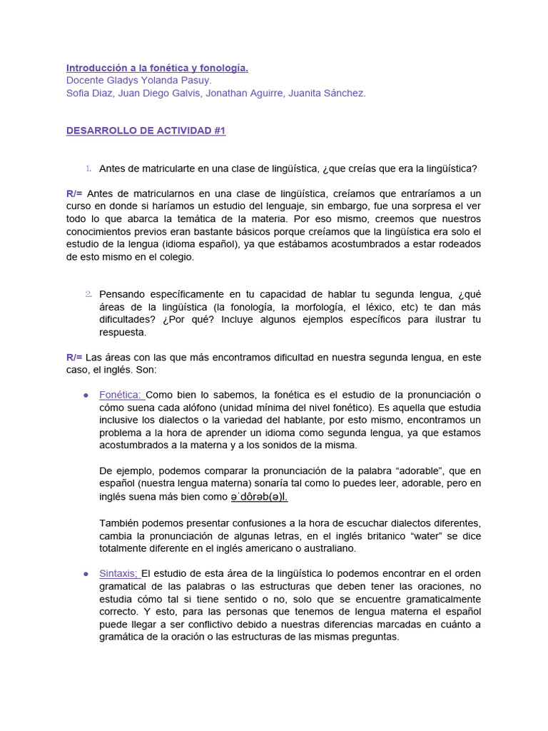 Taller #1 Fonetica y Fonología | PDF | Oración (Lingüística ...