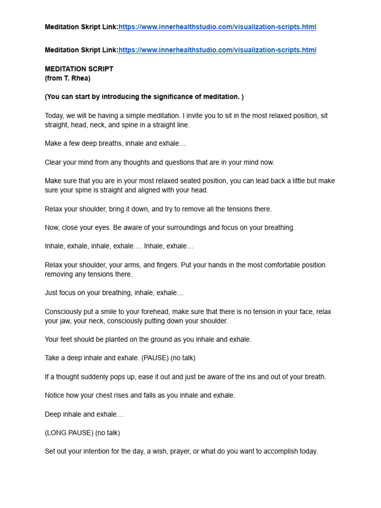 Meditation Script | PDF | Feeling | Breathing