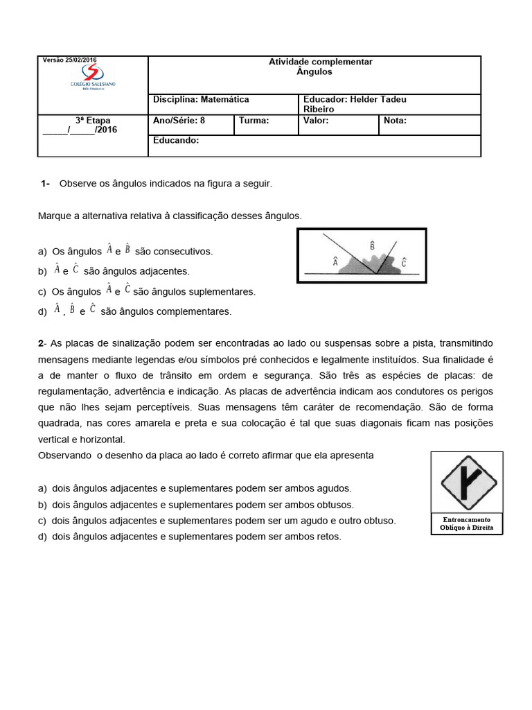 Atividades Angulos Pdf Triângulo ângulo