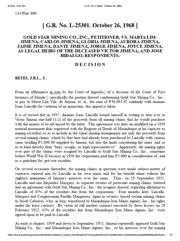 Gold Star Mining Co. v. Marta Lim-Jimena, GR No. L-25301, October 26, 1968 | PDF | Injunction ...