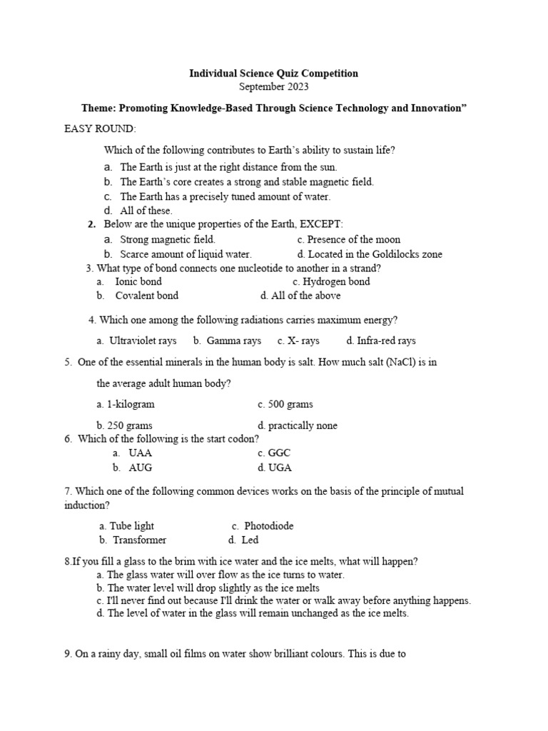 Grade 12 Team Quiz Competition 2 | PDF | Water | Electron