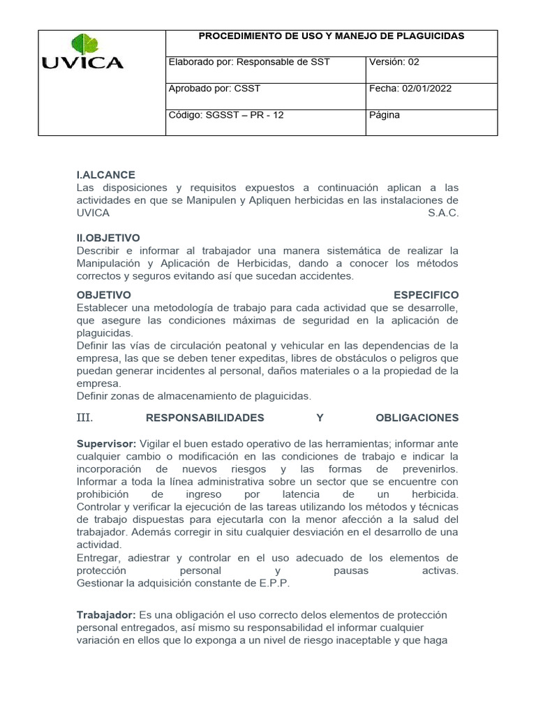 Procedimiento de Uso y Manejo de Plagicidas | Descargar gratis PDF | Pesticida