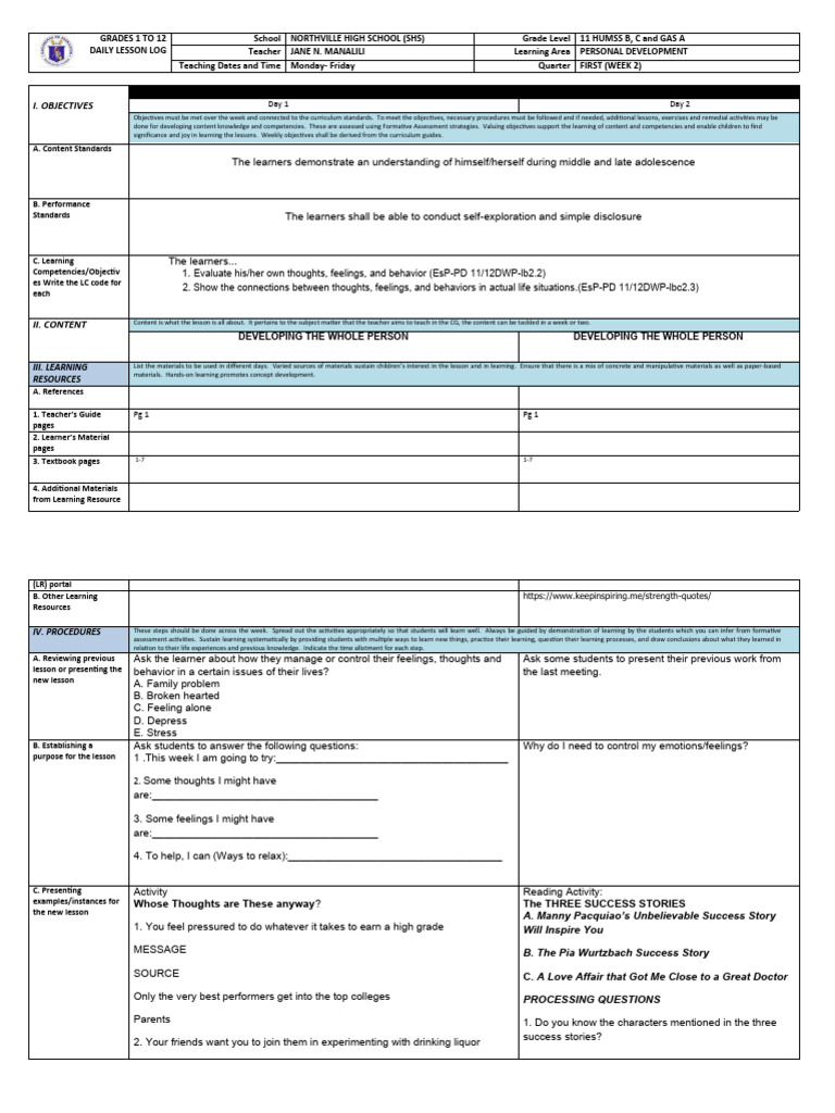 Personal Development Lesson Plan | PDF | Thought | Learning