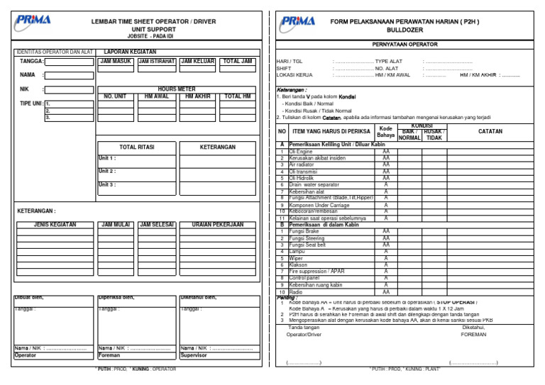 Time Sheet & P2H Unit DOZZER | PDF