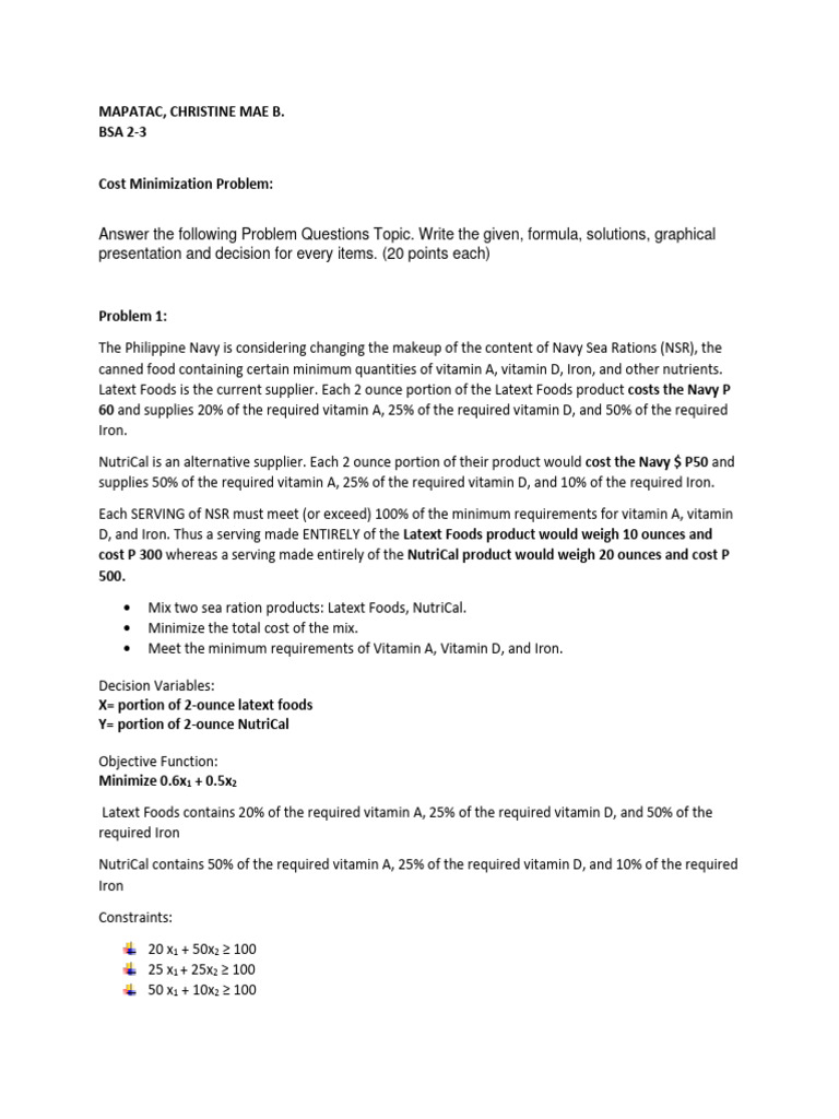 ECO 0015-3 - LP Minimize Cost - MAPATAC - Christine - Mae | PDF | Mathematical Optimization ...