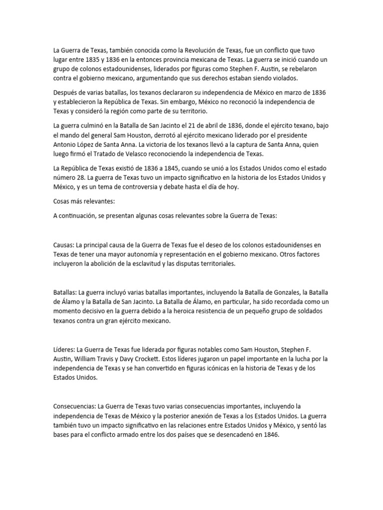 Resumen de la Guerra de Texas 1836 | PDF | Revolución de Texas ...
