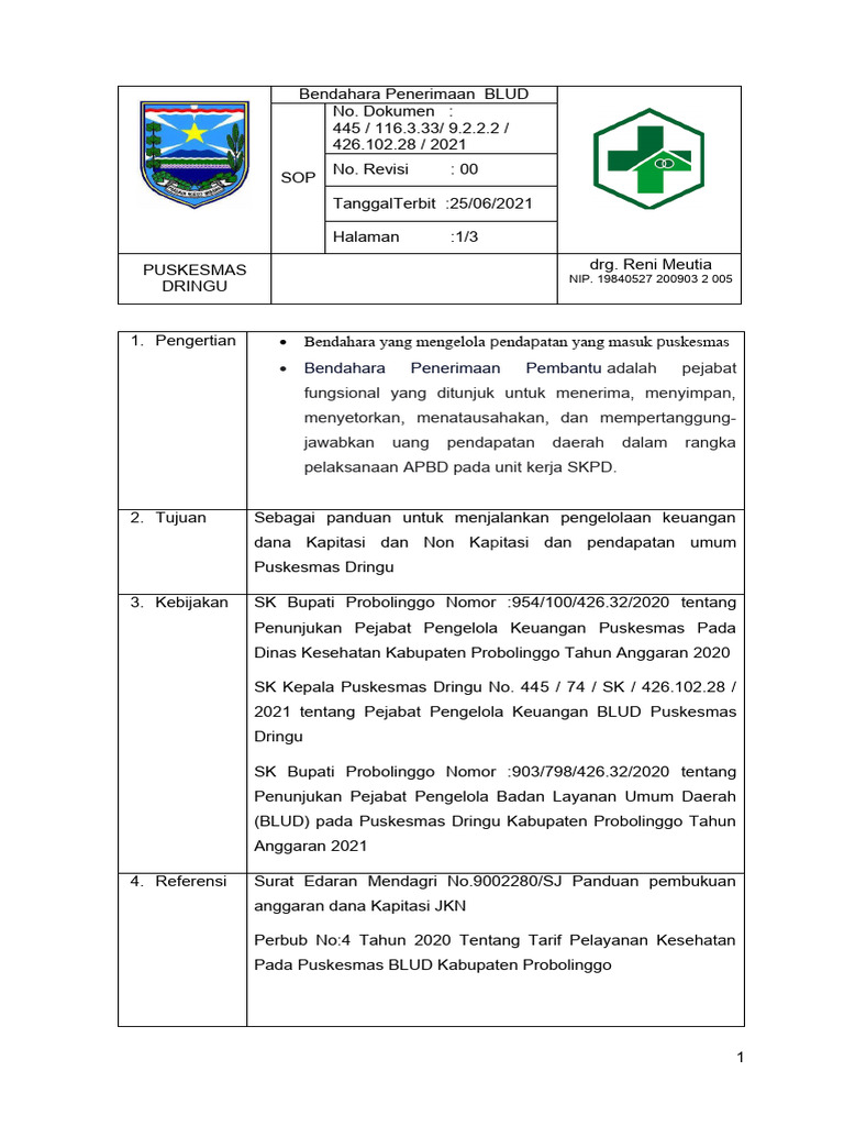 SOP Bendahara Penerimaan BLUD | PDF