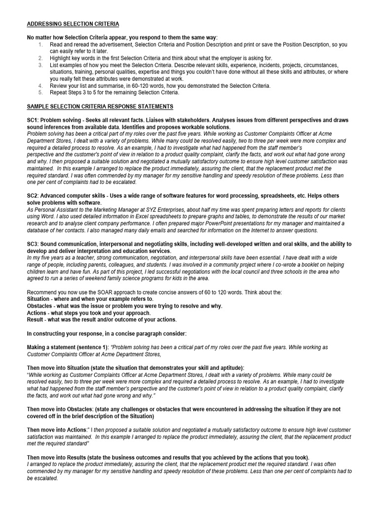Selection Criteria Addressing Selection Criteria SOARs and Examples 0621 | PDF | Communication ...