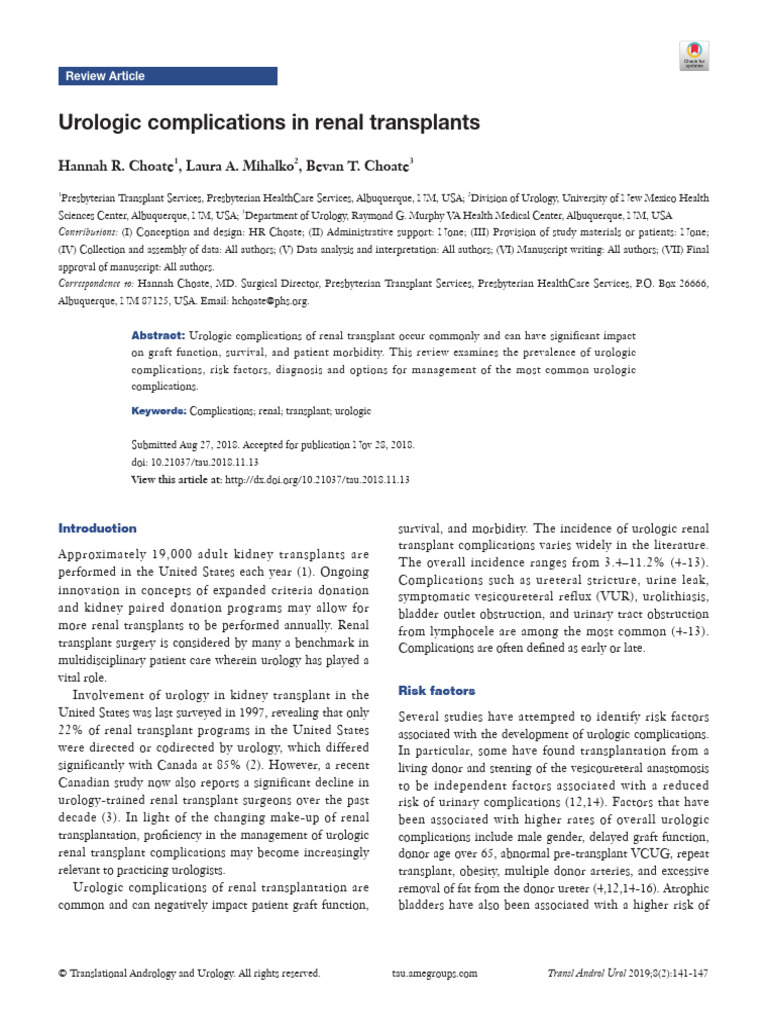 Urologic Complications in Renal Transplants: Hannah R. Choate, Laura A ...