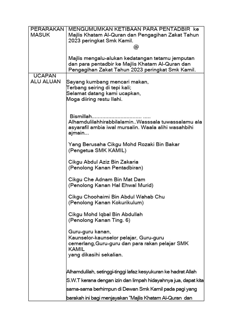 TEKS EMCEE Majlis Khatam Al-Quran 2023 | PDF