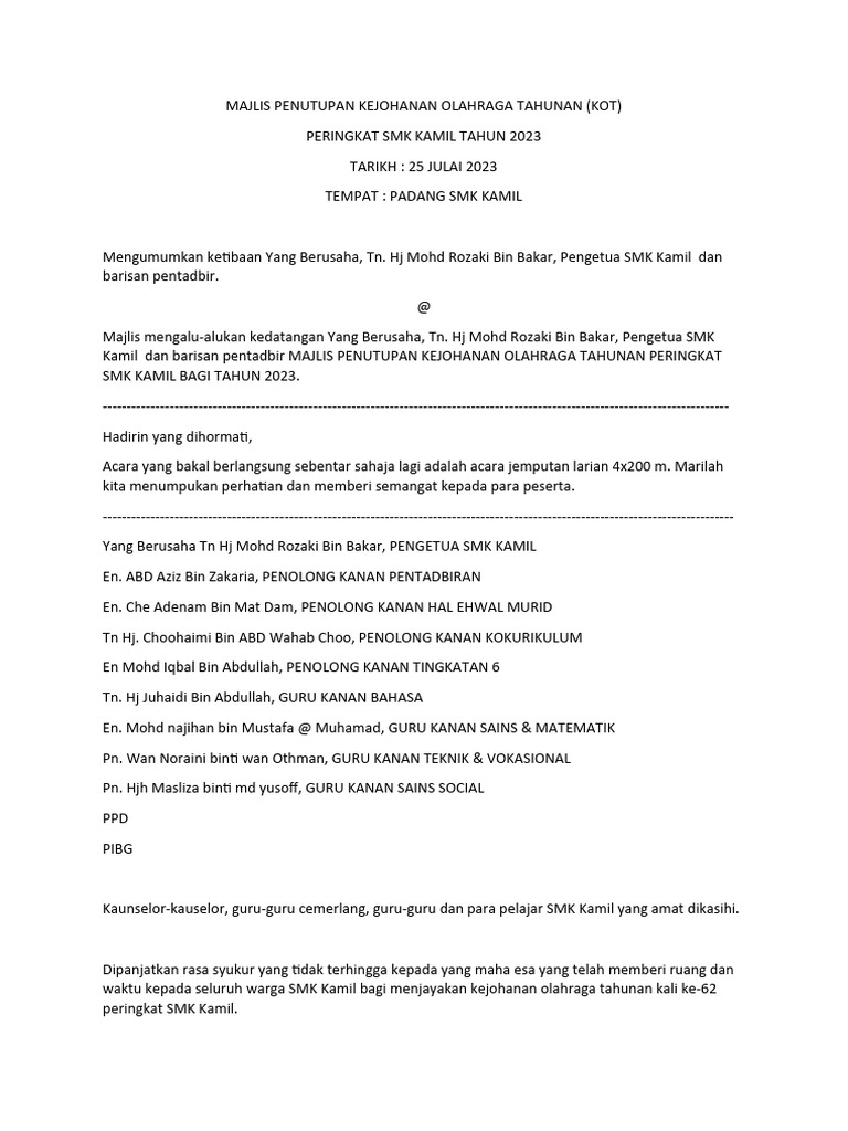 Teks EMCEE MAJLIS PENUTUPAN KEJOHANAN OLAHRAGA TAHUNAN 2023 Xde ...