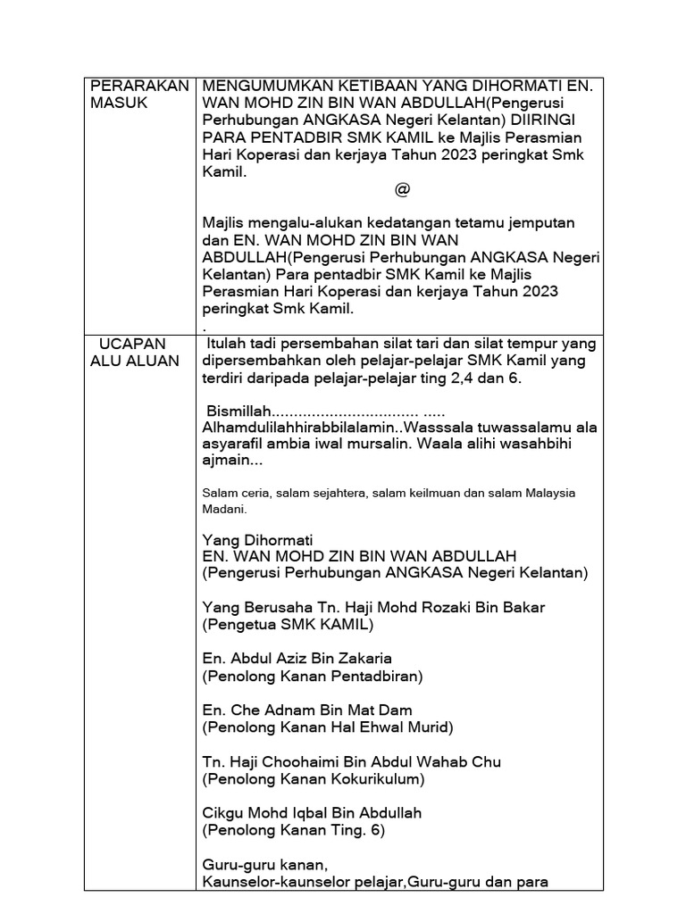 teks EMCEE MAJLIS PERASMIAN HARI KOPERASI DAN KERJAYA 2023 | PDF