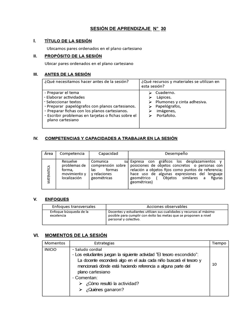 Sesion 30 Ubicamos Pares Ordenados en El Plano Cartesianodocx | PDF ...