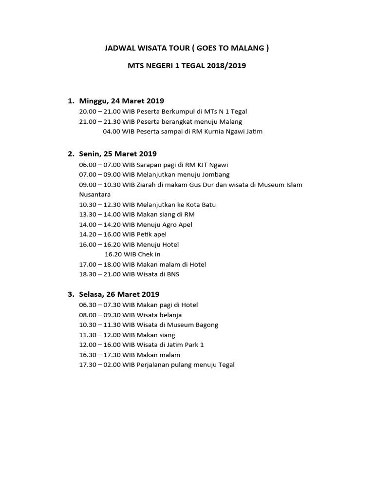 Jadwal Study Tour ke Malang 2019 | PDF | Perjalanan | Seni