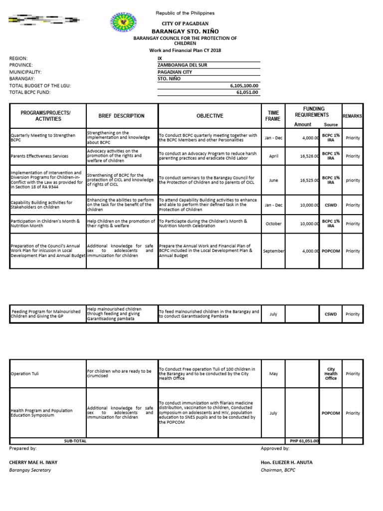 Bcpc-Work-And-Financial-Plan Template | PDF | Health Sciences | Childhood
