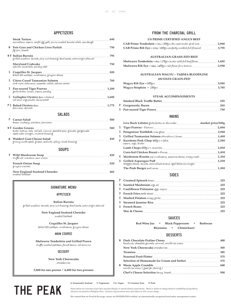 The Peak Grill A La Carte | PDF | Sauce | Pesto