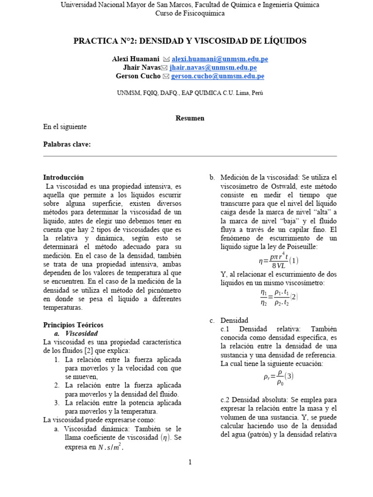 Informe 1 Fisicoquímica Pdf Densidad Líquidos