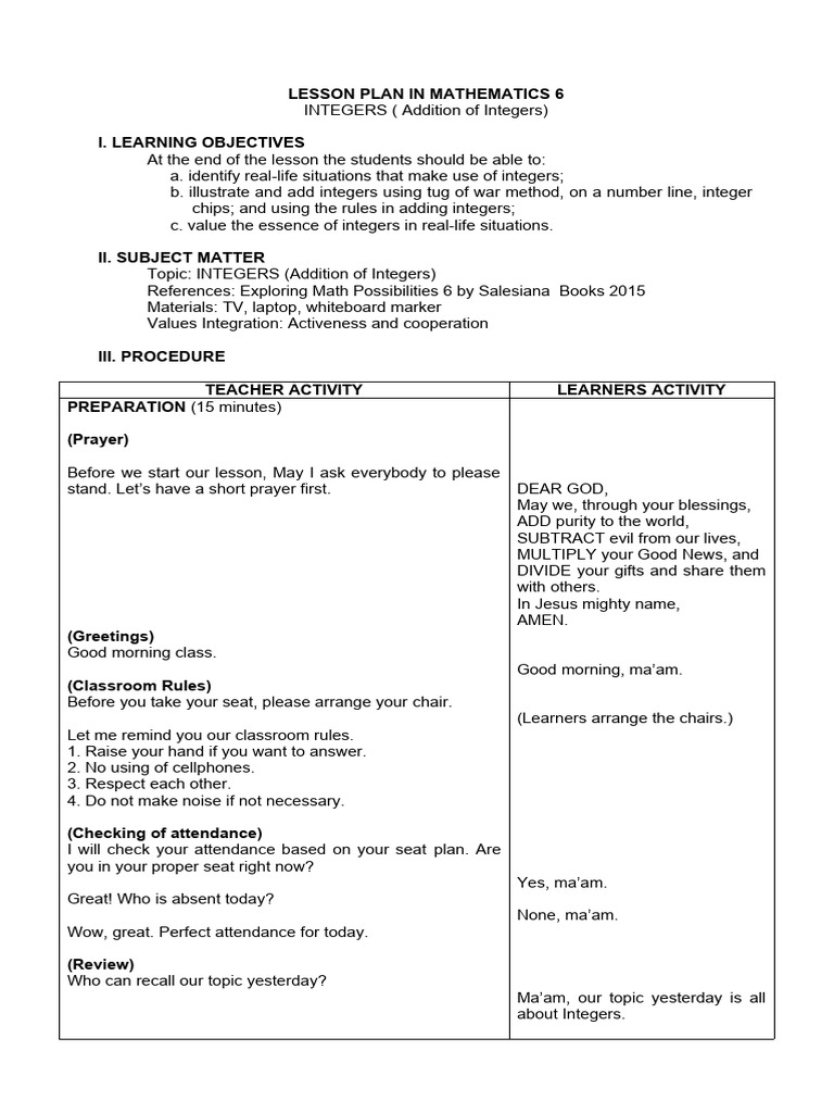 Math 6lesson Plan | PDF | Stocks | Numbers