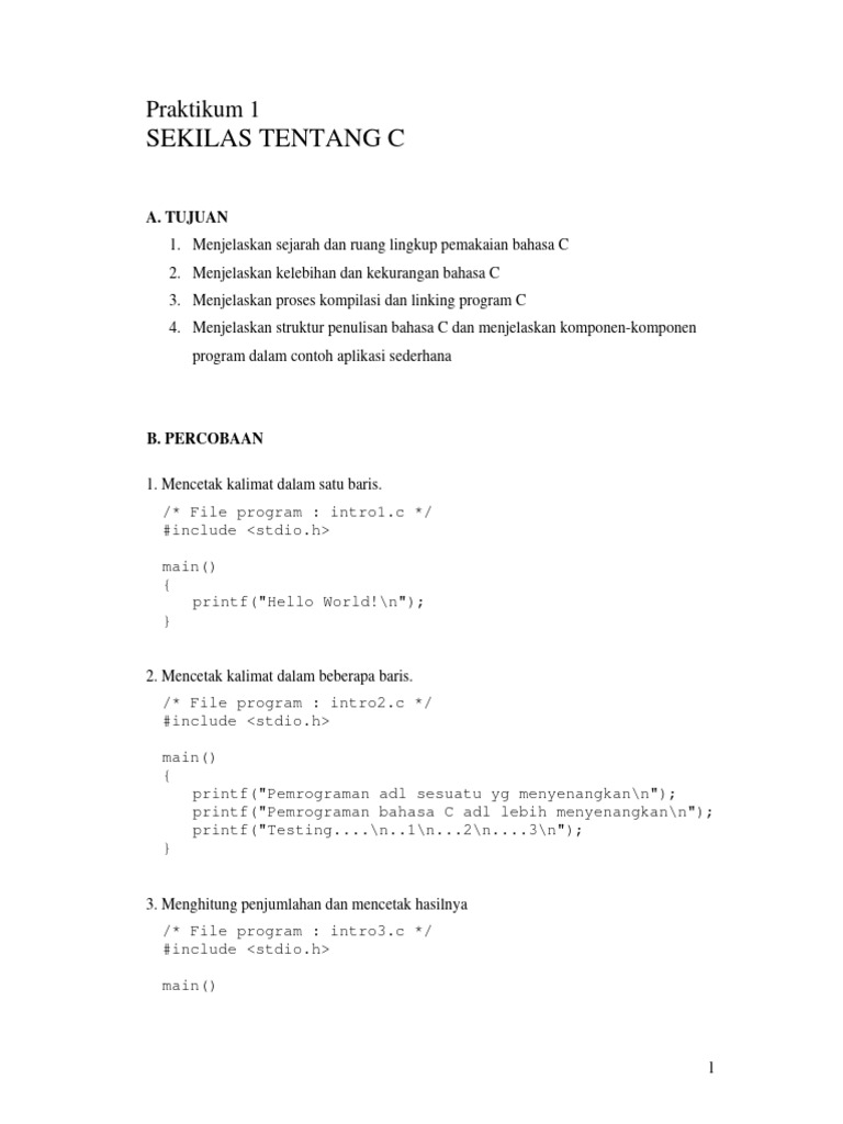 Prakt - 1 Sekilas Bahasa C | PDF | Komputer