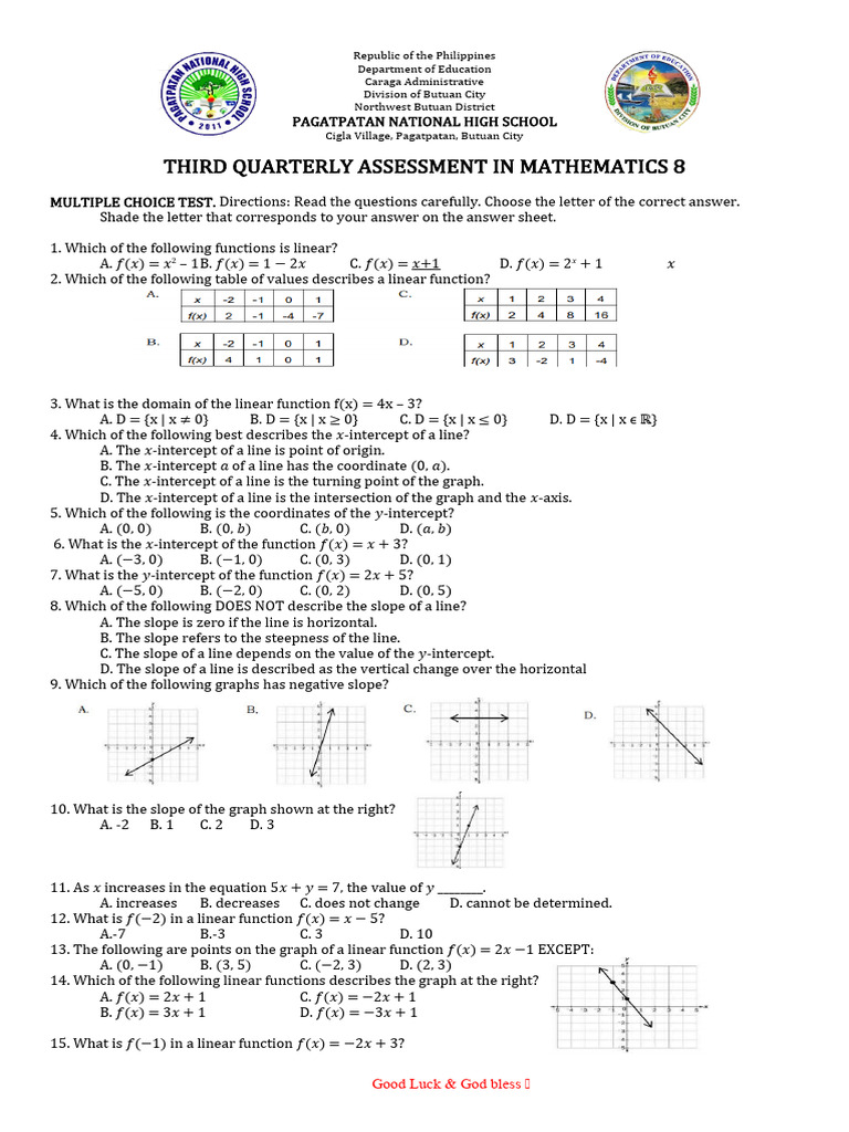 Math 8 Third Quarterly Assessment | PDF | Slope | Function (Mathematics)
