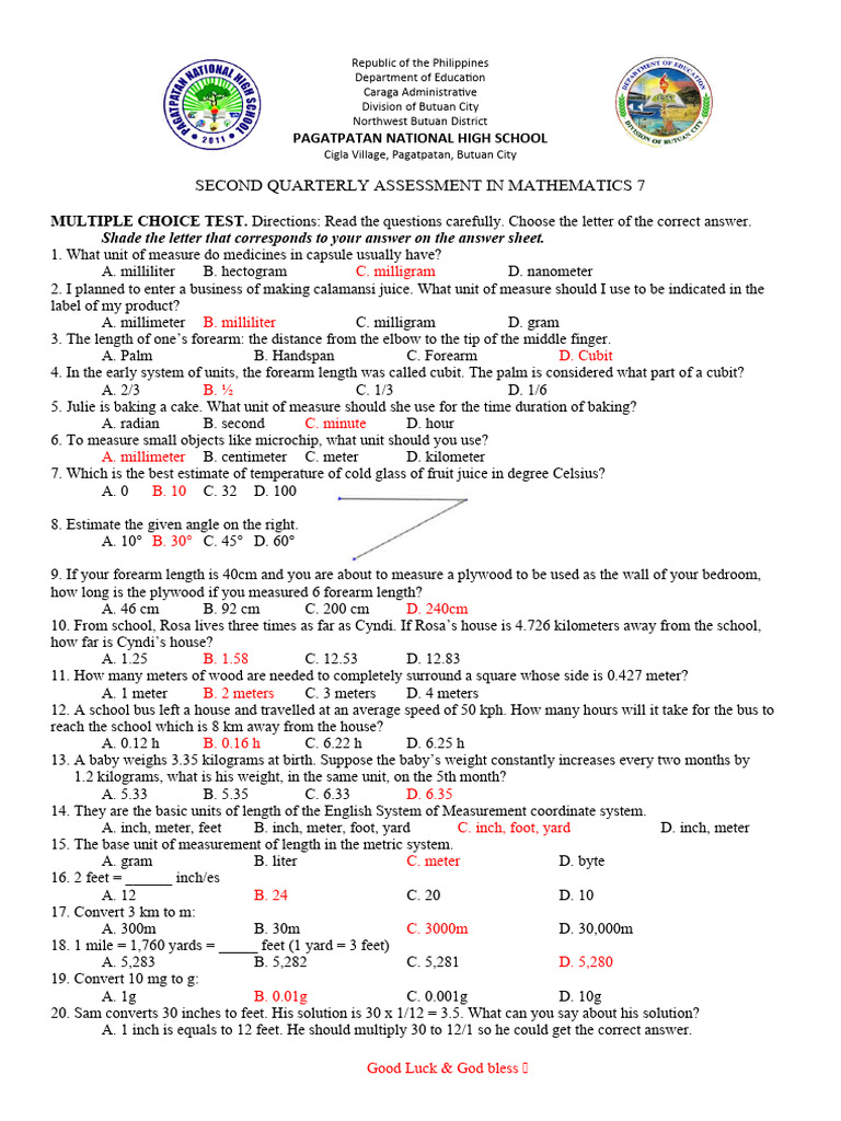 Math 7 Second Quarterly Assessment | PDF | Foot (Unit) | Fahrenheit