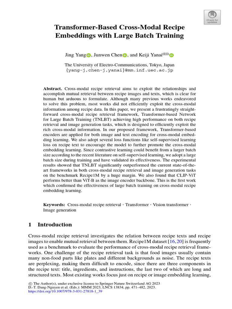 Transformer-Based Cross-Modal Recipe Embeddings With Large Batch ...