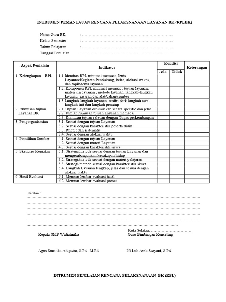 Form Penilaian Supervisi Guru BK | PDF