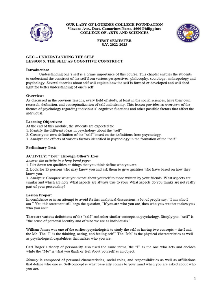 Uts Lesson 5 | PDF | Self Concept | Self Esteem