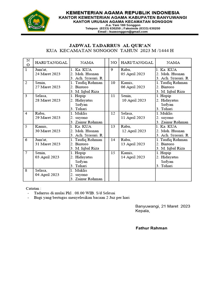 Jadwal Tadarus | PDF