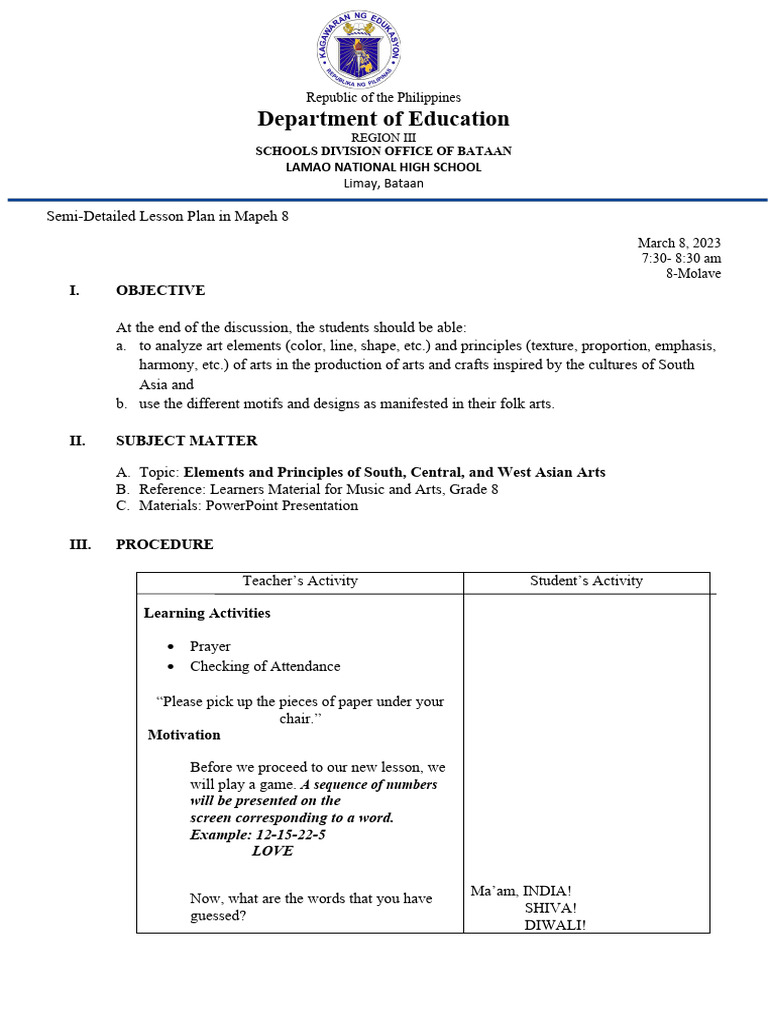 Semi-Detailed Lesson Plan Mapeh 8 2nd Quarter | PDF | Sculpture | South ...