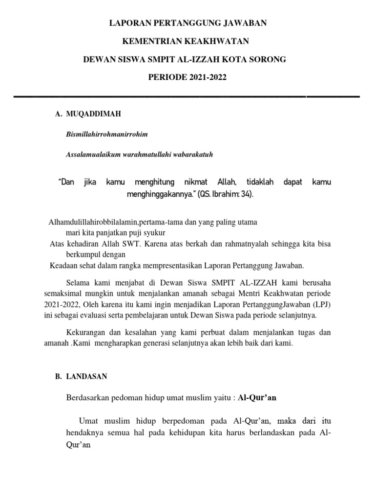 LPJ Dewan Siswa SMPIT Al-Izzah 2021-2022 | PDF