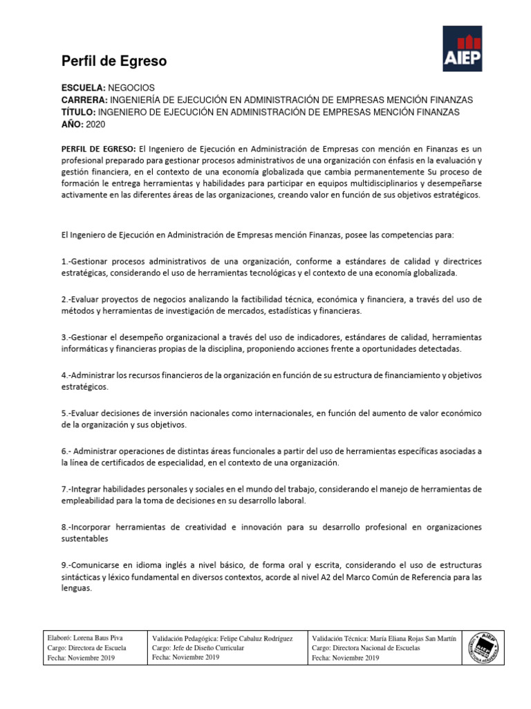 Perfil de Egreso Ingeniería de Ejec en Administración de Empresas M Finanzas 2020 | PDF ...