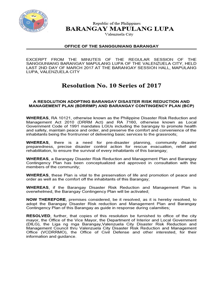 Barangay BDRRM and Contingency Plan Adoption | PDF | Philippines ...