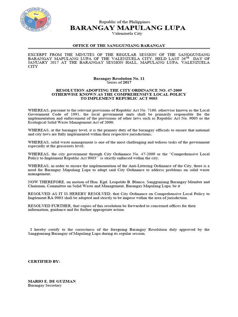 Barangay Resolution Adopting City Ordinance 2017 | PDF | Government ... Barangay Resolution Adopting City Ordinance 2017 | PDF | Government ...