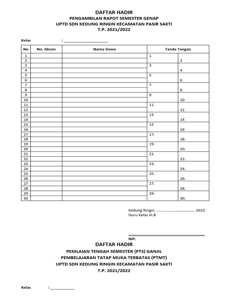 Daftar Hadir Pengambilan Raport 2022 | PDF