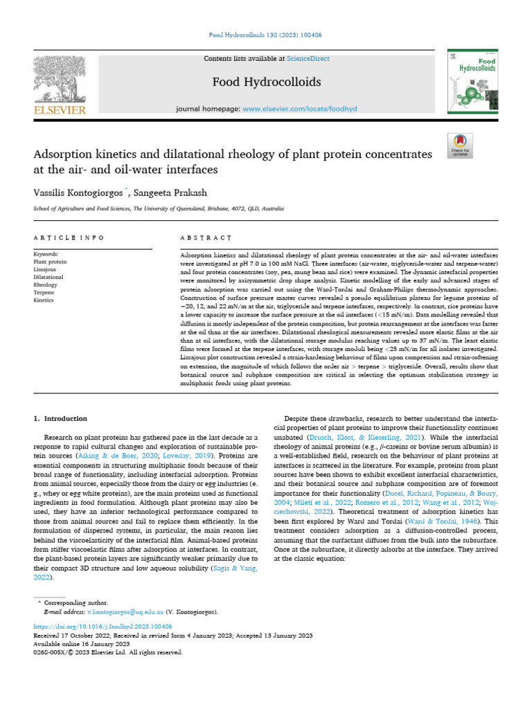 Vassilis Kontogiorgos, 2023. Adsorption Kinetics and Dilatational ...