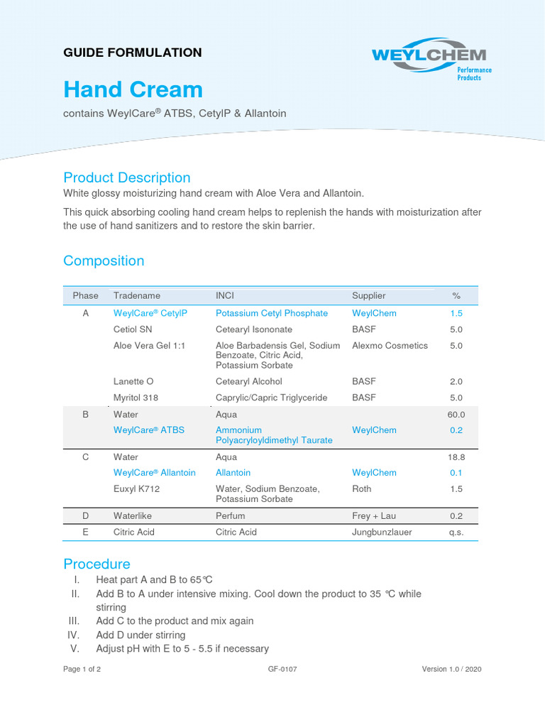 Formula Hand Cream | PDF | Emulsion | Chemical Substances
