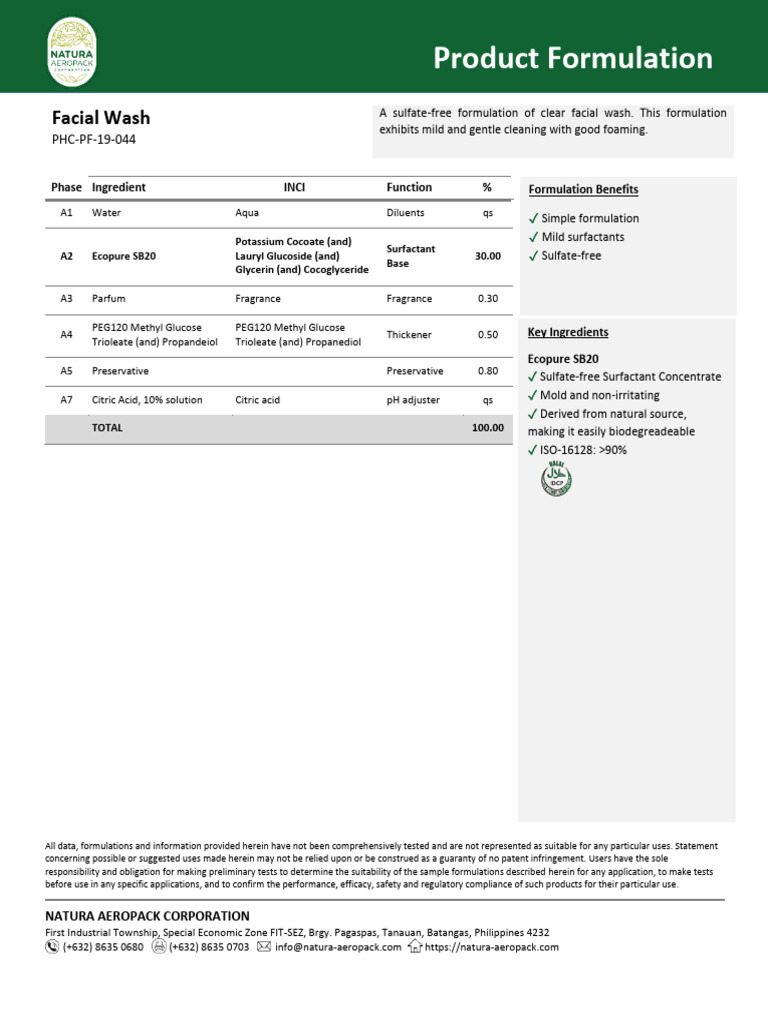Formula Facial Wash | PDF | Chemistry | Chemical Substances