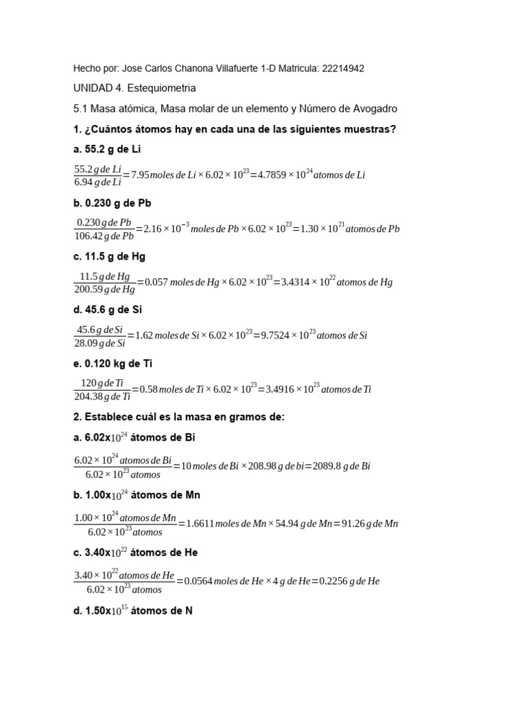 ADA 4-Ejercicios de Estequiometria | PDF | Mole (Unidad) | Titanio