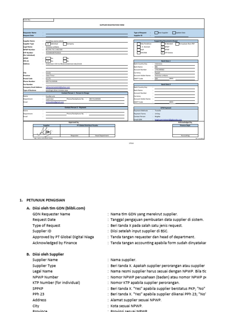 Supplier Registration Form Guidelines | PDF | Written Communication | Money
