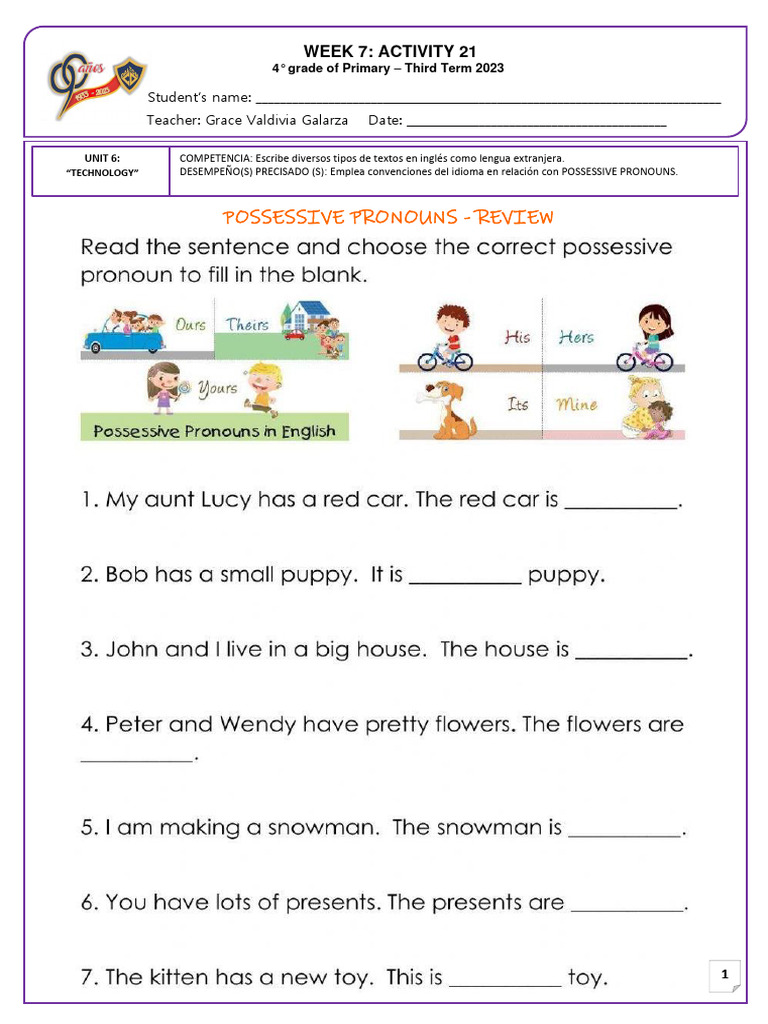 Week 7 Activity 21 Possessive Pronouns Review 4TH Grade | PDF