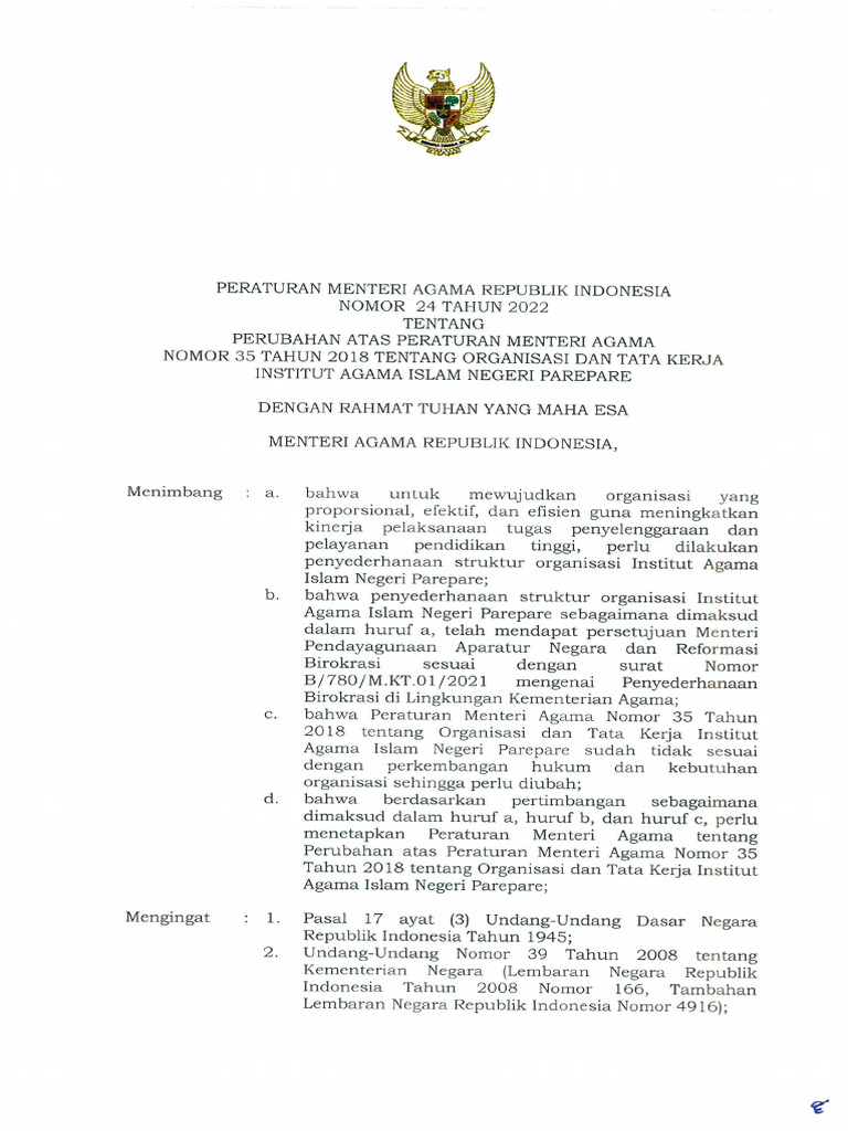 2022 Pma 24 Tahun 2022 Tentang Perubahan Atas Pma 35 Tahun 2018 Tentang Ortaker Iain Parepare | PDF