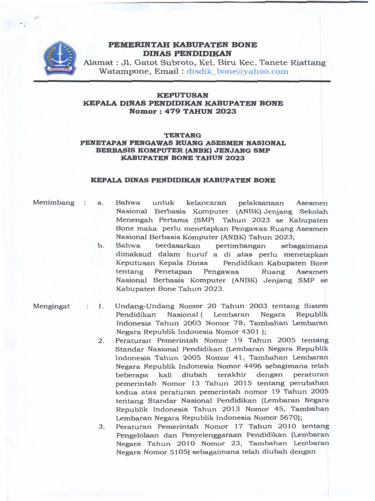 Penetapan Pengawas ANBK SMP 2023 | PDF