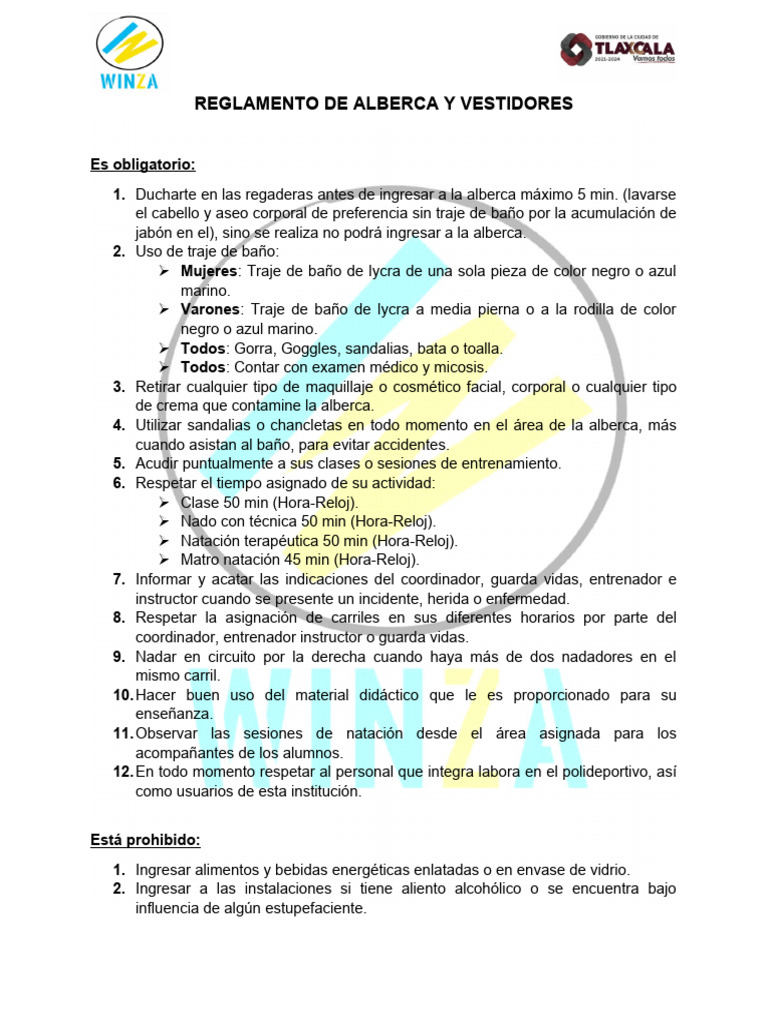 Reglamento de Alberca y Vestidores | PDF | Nadando | Traje de baño