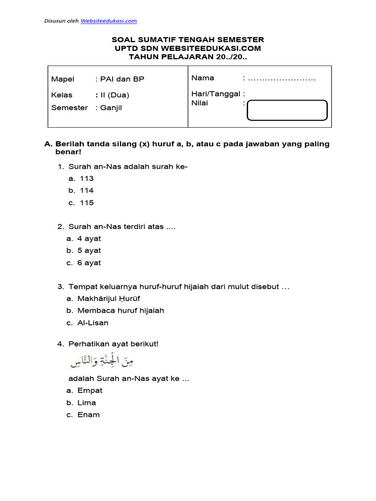 Soal STS 1 PAI BP Kelas 2 Kurikulum Merdeka | PDF