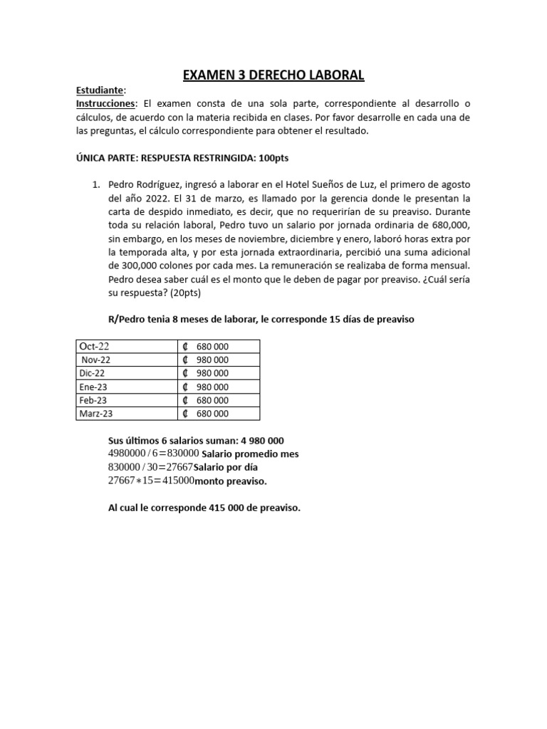 Examen 3 Derecho Laboral | PDF | Salario | Derecho laboral