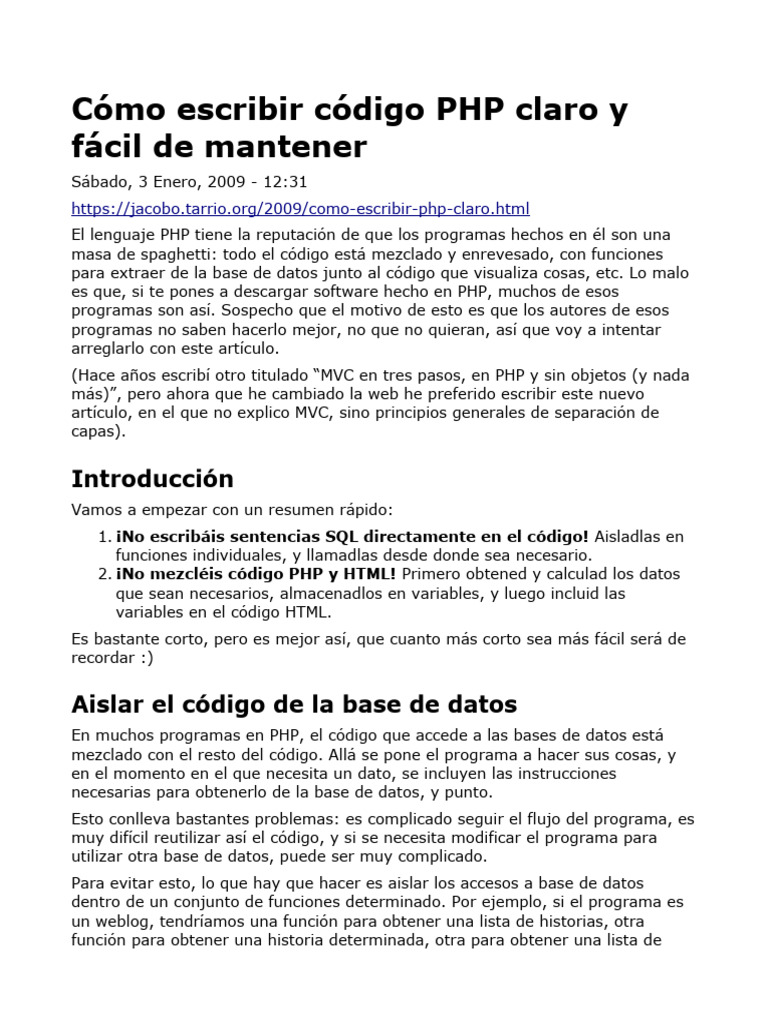 Cómo Escribir Código Php Claro Y Fácil De Mantener Pdf Php Programación