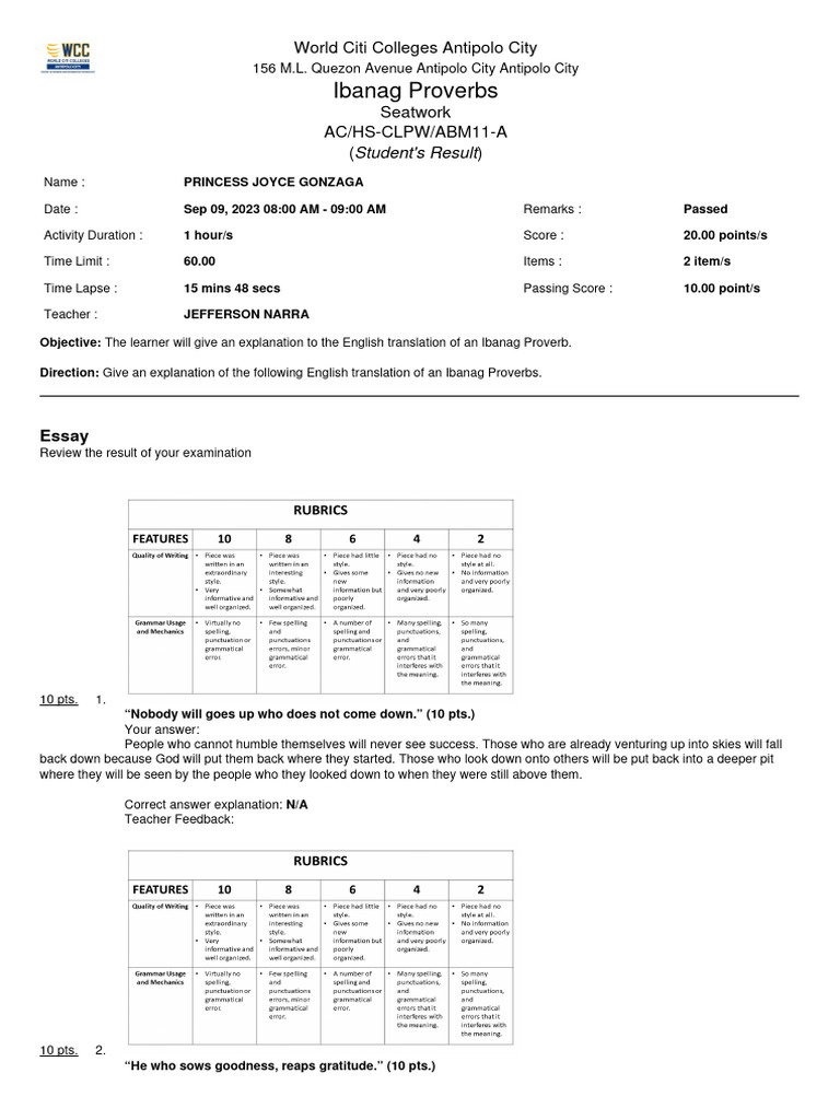 Ibanag Proverbs: World Citi Colleges Antipolo City | PDF