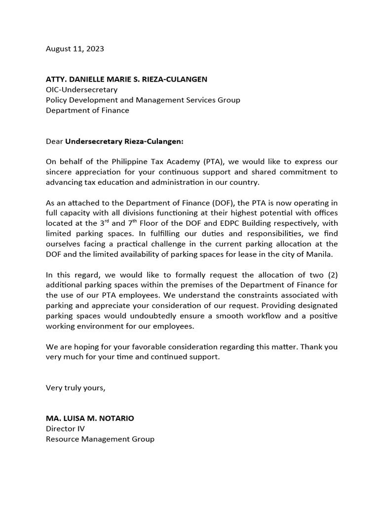 Letter To DOF - Additional Parking Space EBG | PDF