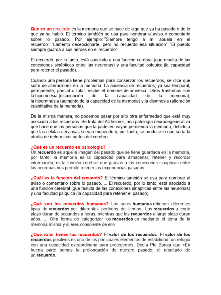 Que Es Un Recuerdo | PDF | Memoria | Cerebro